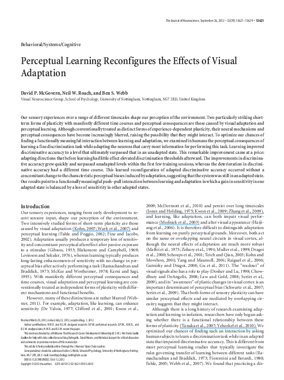 (PDF) Perceptual Learning Reconfigures the Effects of Visual Adaptation