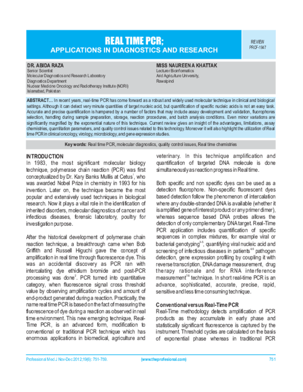 (PDF) Real Time PCR; Applications in Diagnostics and Research