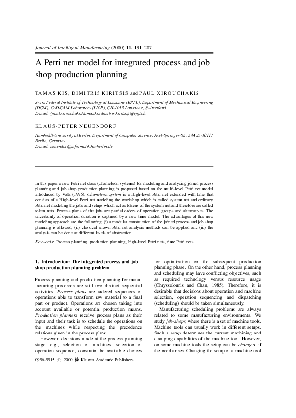 (PDF) Petri net model for integrated process and job shop production planning
