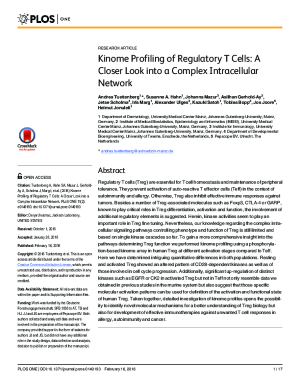 (PDF) Kinome Profiling of Regulatory T Cells: A Closer Look into a Complex Intracellular Network