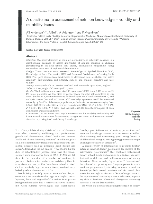 (PDF) A questionnaire assessment of nutrition knowledge – validity and ...