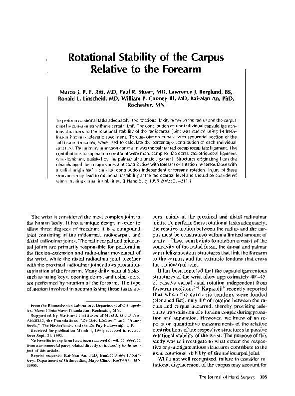 Rotational stability of the carpus relative to the forearm