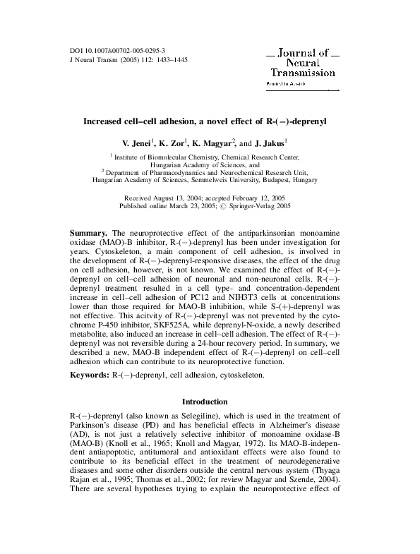 (PDF) Increased cell–cell adhesion, a novel effect of R-(−)-deprenyl