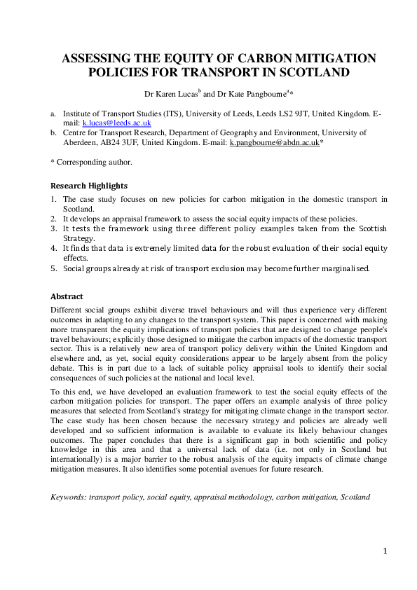 (PDF) Assessing the equity of carbon mitigation policies for transport ...