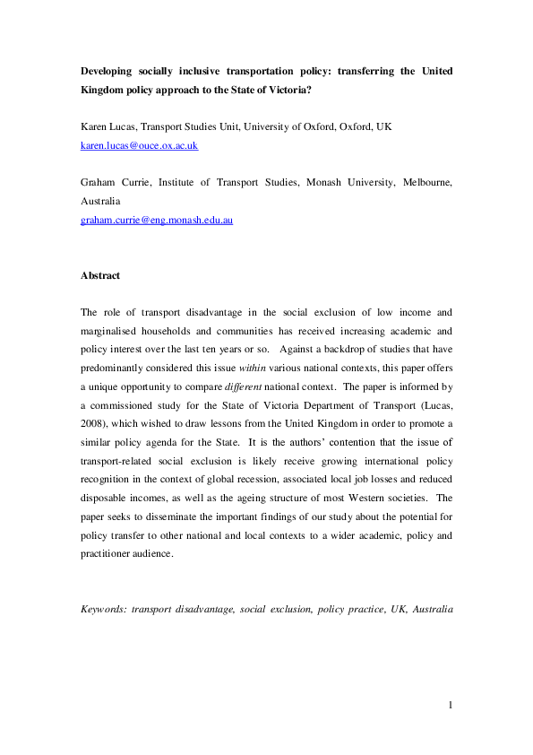 (PDF) Developing socially inclusive transportation policy: transferring ...
