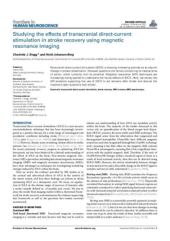 (PDF) Studying the effects of transcranial direct-current stimulation in stroke recovery using ...