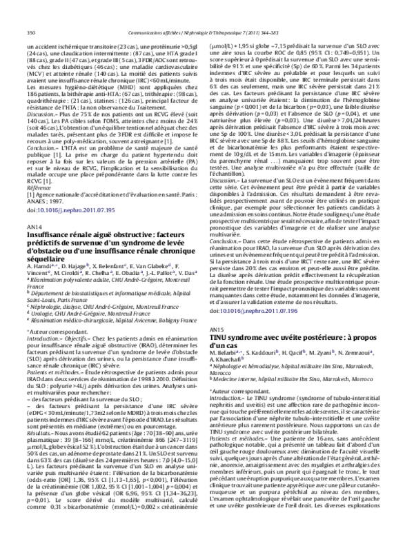 (PDF) Insuffisance rénale aiguë obstructive : facteurs prédictifs de ...