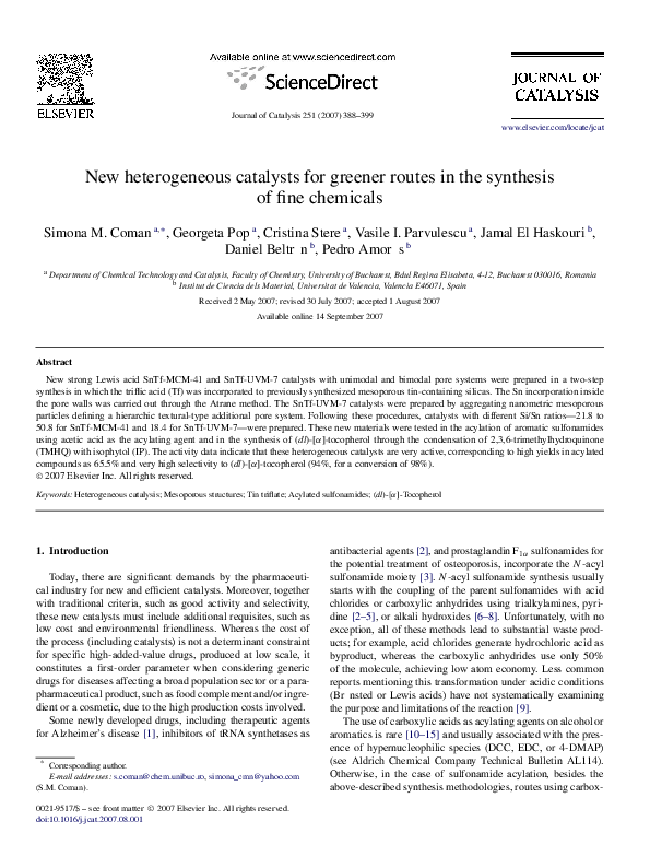 (PDF) New heterogeneous catalysts for greener routes in the synthesis ...
