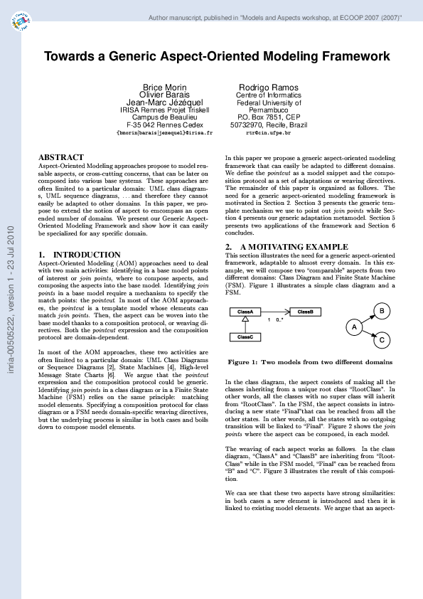 Pdf Towards A Generic Aspect Oriented Modeling Framework Brice