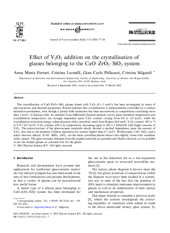 (PDF) Effect of V2O5 addition on the crystallisation of glasses belonging to the CaO–ZrO2–SiO2 ...