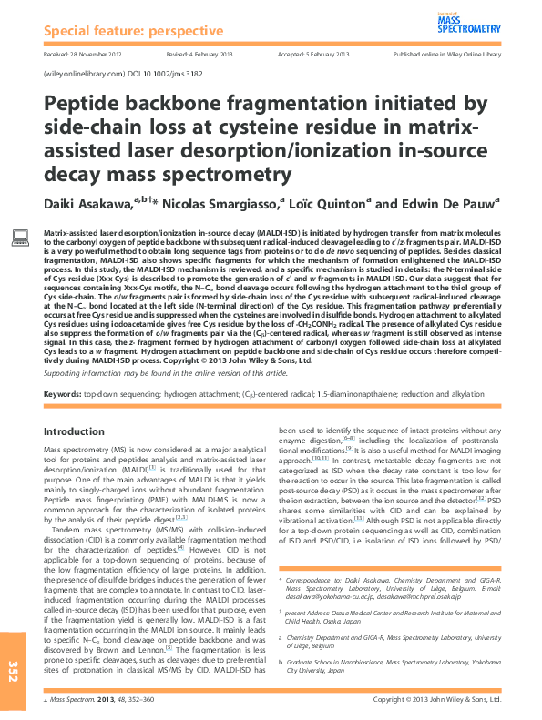(PDF) Peptide backbone fragmentation initiated by side-chain loss at ...