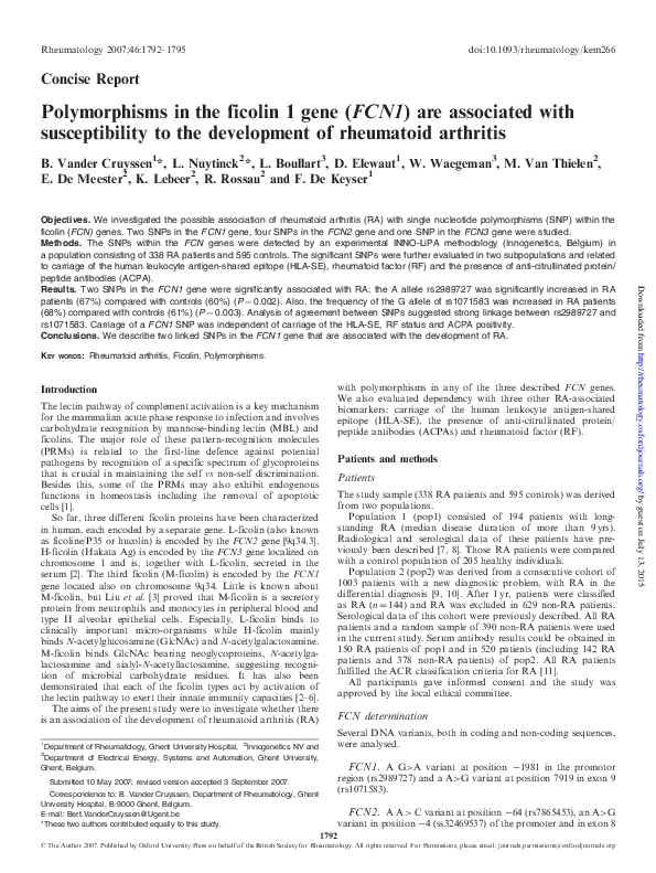 (PDF) Polymorphisms in the ficolin 1 gene (FCN1) are associated with ...