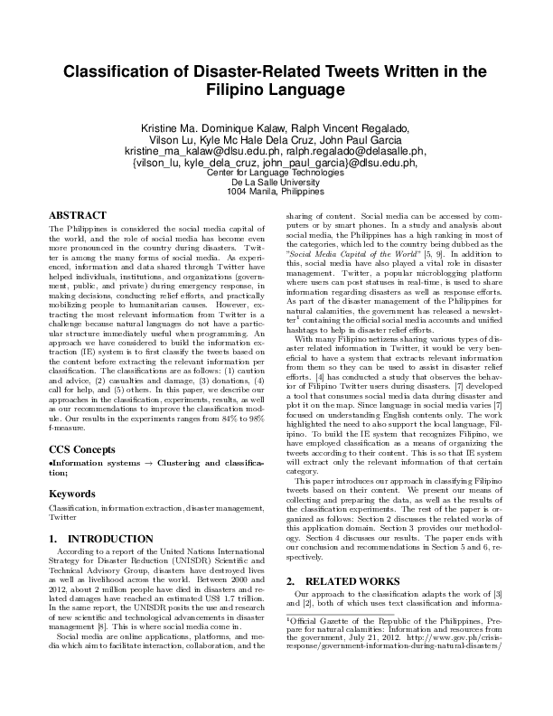 (PDF) Classification of Disaster-Related Tweets Written in the Filipino Language