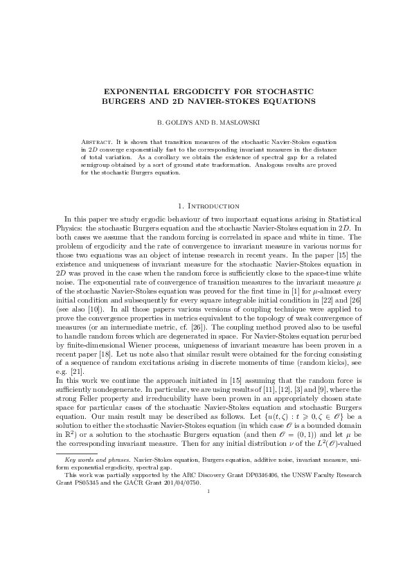 Pdf Exponential Ergodicity For Stochastic Burgers And 2d Navier Stokes Equations