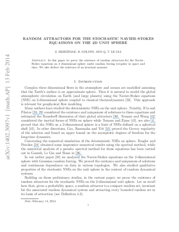 Pdf Random Attractors For The Stochastic Navier Stokes Equations On The 2d Unit Sphere