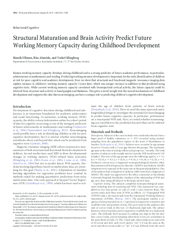 (PDF) Neural Predictors of Future Working Memory in Children