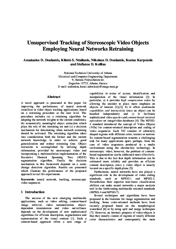 (PDF) Unsupervised Tracking of Stereoscopic Video Objects Employing Neural Networks Retraining