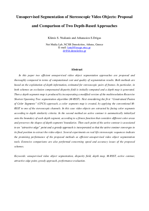 (PDF) Unsupervised segmentation of stereoscopic video objects: investigation of two depth-based ...