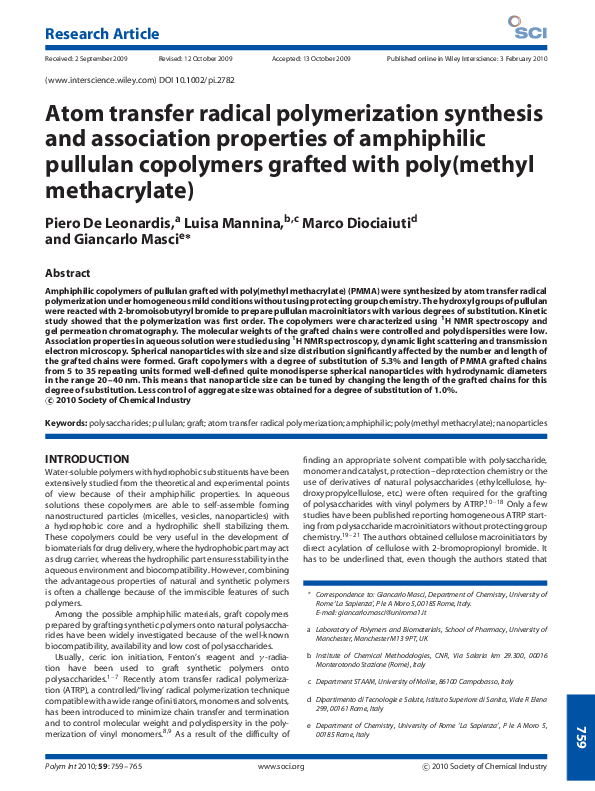 (PDF) Atom transfer radical polymerization synthesis and association properties of amphiphilic ...
