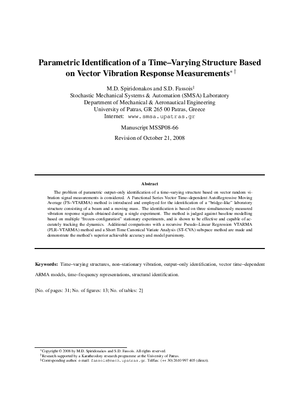 Pdf Parametric Identification Of A Time Varying Structure Based On Vector Vibration Response