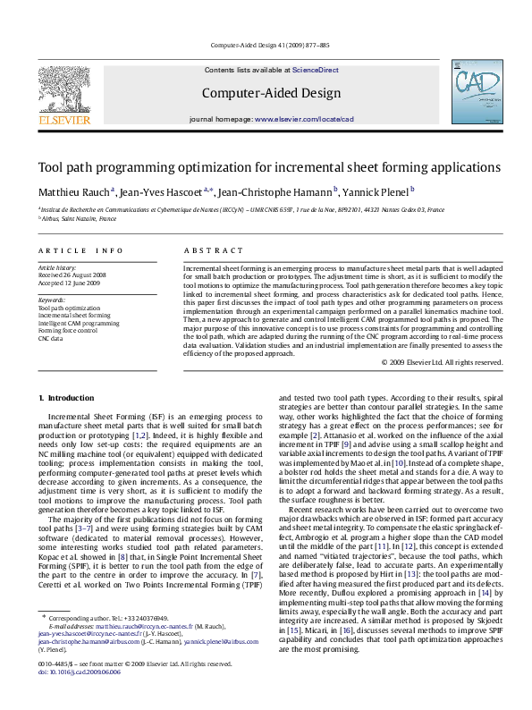 (PDF) Tool path programming optimization for incremental sheet forming applications