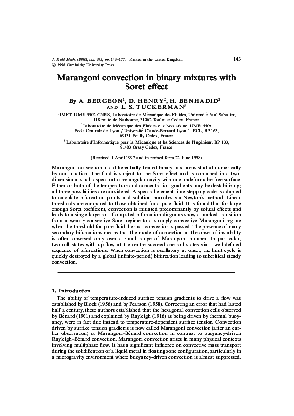 (PDF) Marangoni convection in binary mixtures with Soret effect