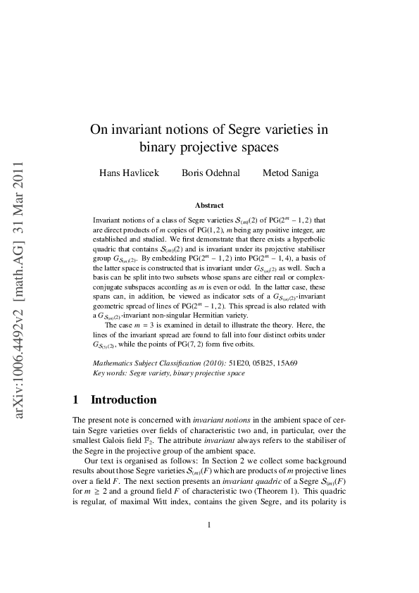 Pdf On Invariant Notions Of Segre Varieties In Binary Projective Spaces