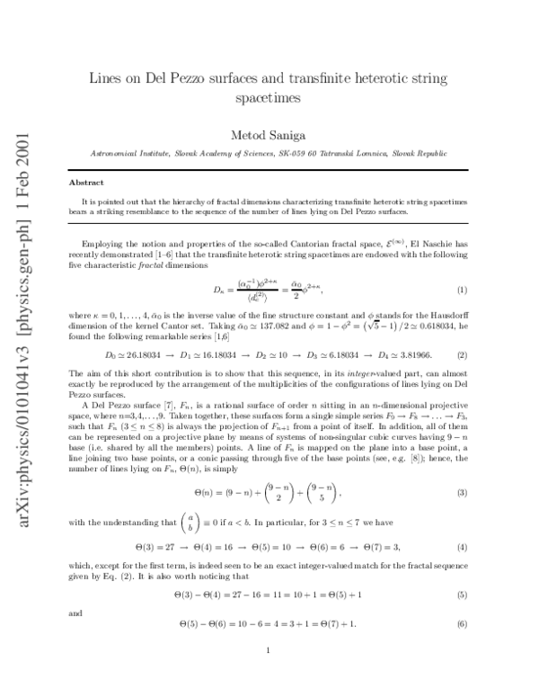 (PDF) Lines on Del Pezzo surfaces and transfinite heterotic string spacetimes