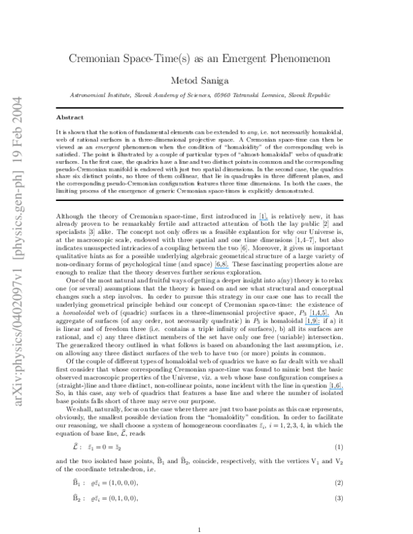 (PDF) Cremonian space–time(s) as an emergent phenomenon
