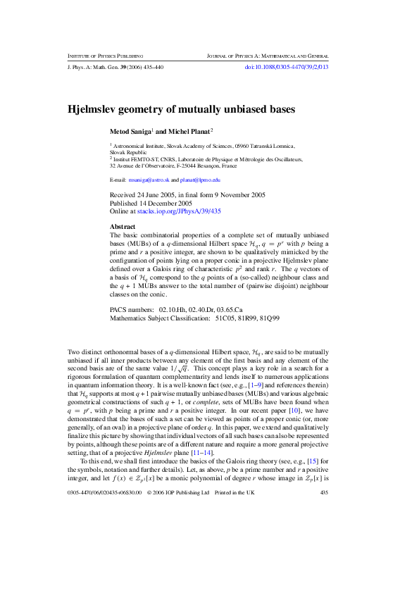 (PDF) Hjelmslev geometry of mutually unbiased bases