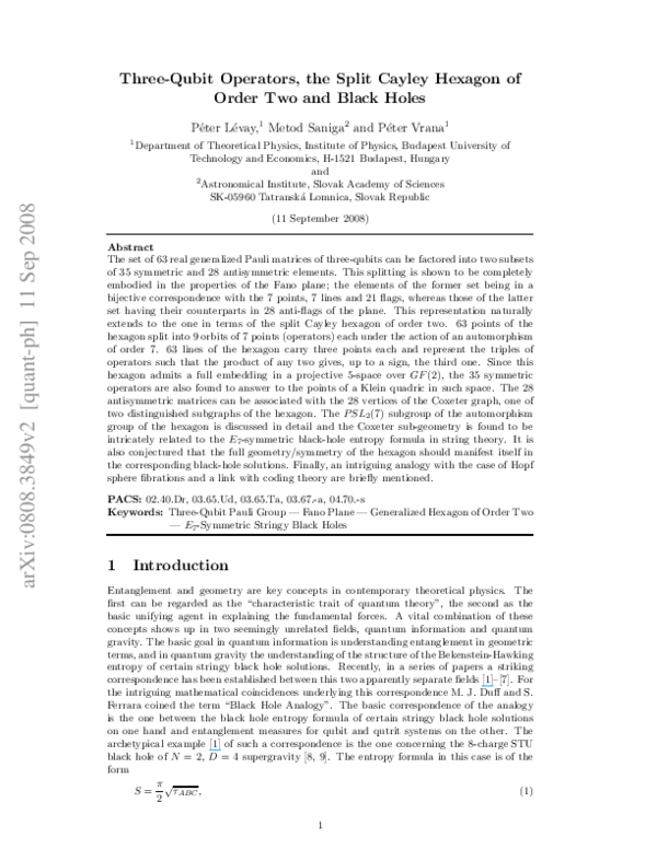 (PDF) Three-qubit operators, the split Cayley hexagon of order two, and black holes
