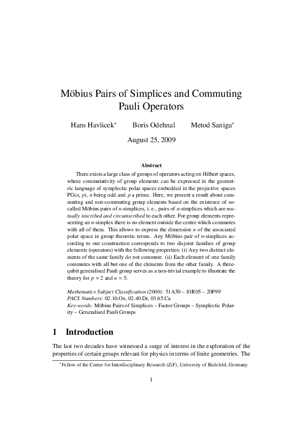(PDF) Möbius Pairs of Simplices and Commuting Pauli Operators