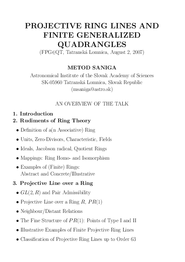 (PDF) Projective ring lines and finite generalized quadrangles