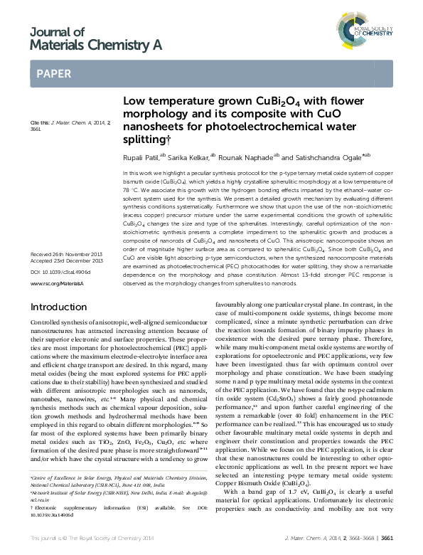 (PDF) Low temperature grown CuBi2O4 with flower morphology and its ...