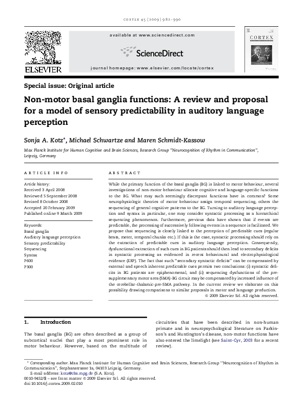 (PDF) Non-motor basal ganglia functions: A review and proposal for a model of sensory ...
