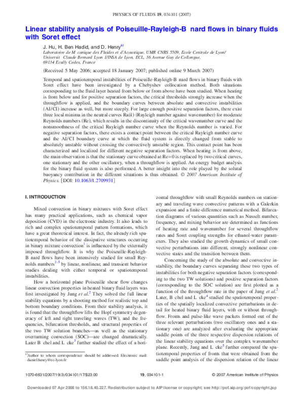 (PDF) Linear stability analysis of Poiseuille-Rayleigh-Bénard flows in binary fluids with Soret ...