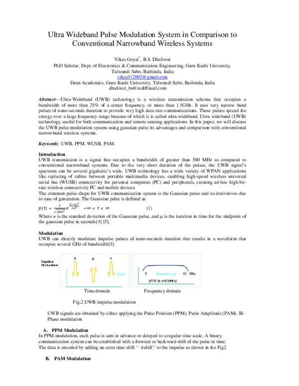 (PDF) Ultra Wideband Pulse Modulation System in Comparison to Conventional Narrowband Wireless ...