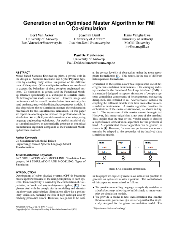 Pdf Generation Of An Optimised Master Algorithm For Fmi Co Simulation
