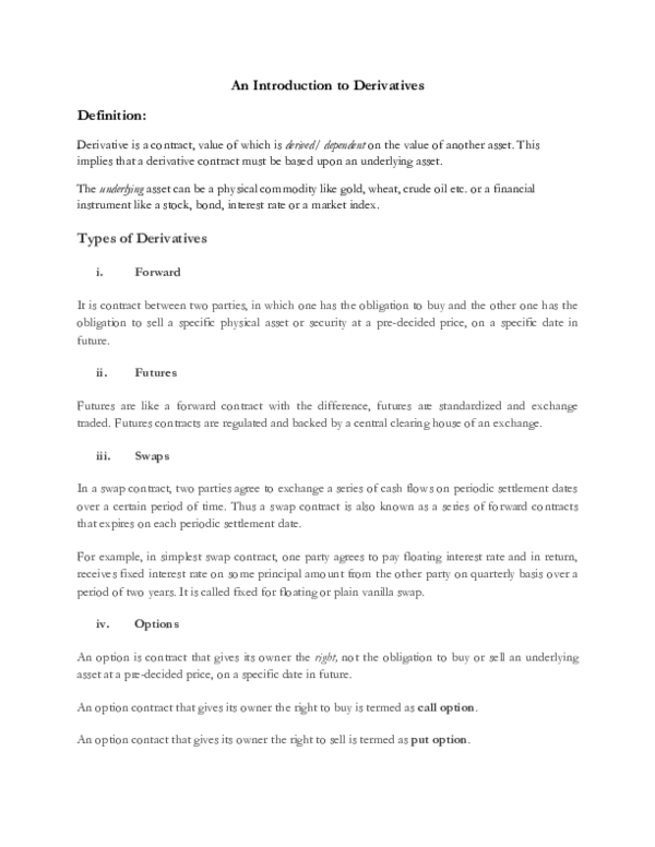 (PDF) An Introduction to Derivatives