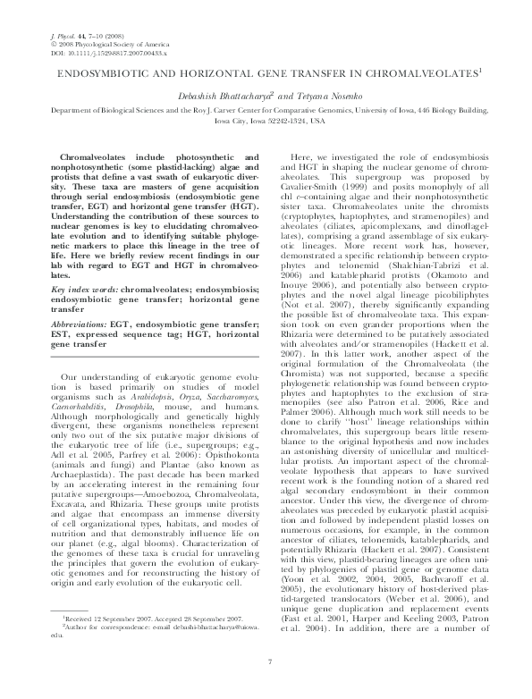 (PDF) Endosymbiotic and Horizontal Gene Transfer in Chromalveolates