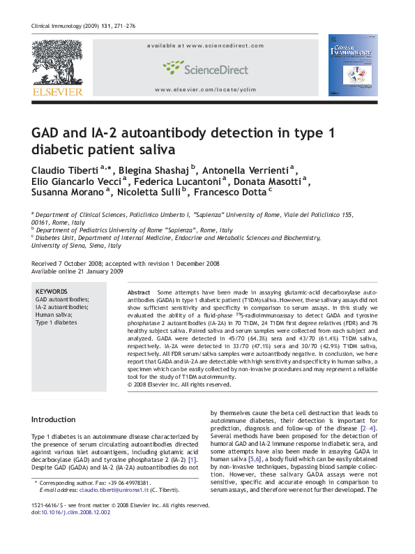 (PDF) GAD and IA-2 autoantibody detection in type 1 diabetic patient saliva
