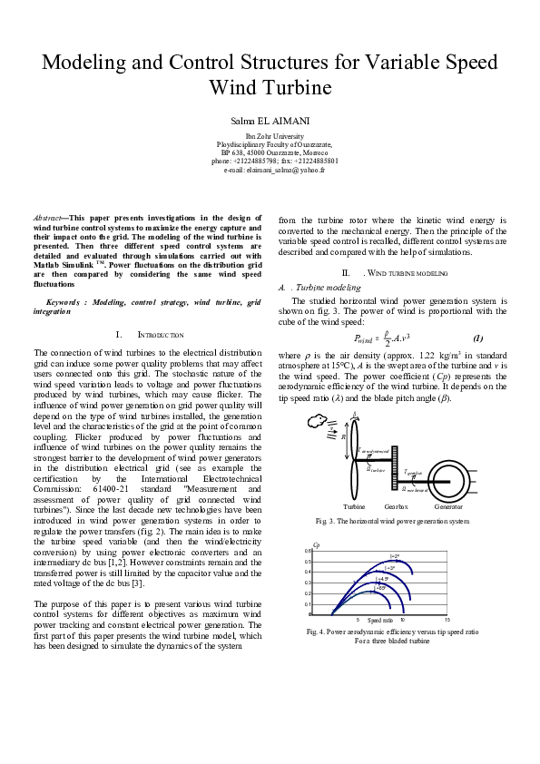 Pdf Modeling And Control Structures For Variable Speed Wind Turbine