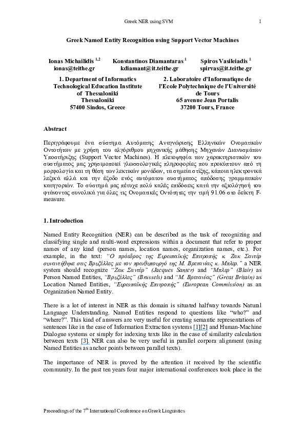 (PDF) Greek named entity recognition using support vector machines, maximum entropy and onetime