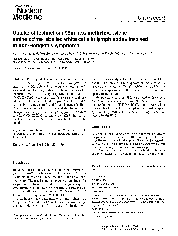 (PDF) Uptake of technetium-99m hexamethylpropylene amine oxime labelled ...