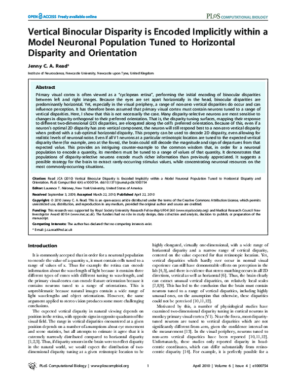 Pdf Vertical Binocular Disparity Is Encoded Implicitly Within A Model