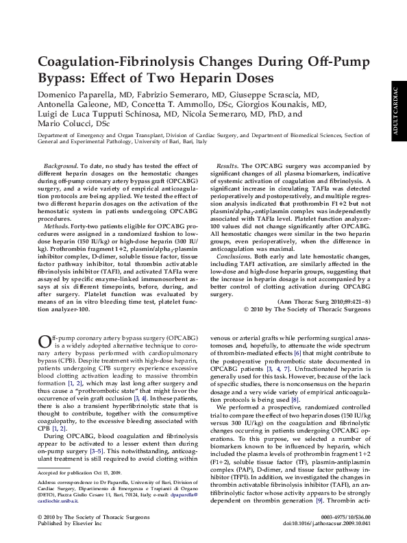 (PDF) Coagulation-Fibrinolysis Changes During Off-Pump Bypass: Effect ...