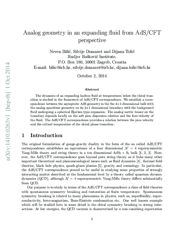 (PDF) Analog geometry in an expanding fluid from AdS/CFT perspective