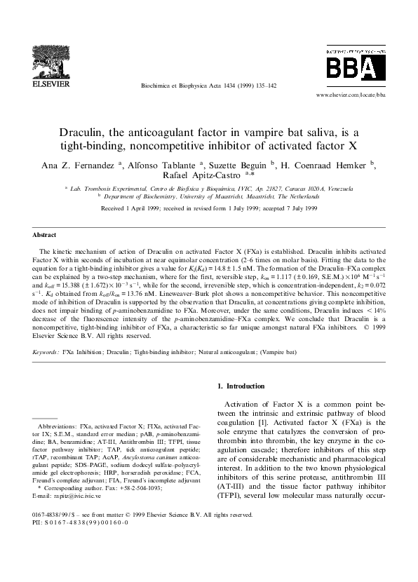 (PDF) Draculin, the anticoagulant factor in vampire bat saliva, is a ...