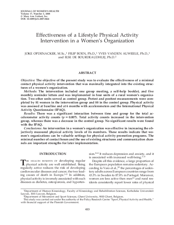 (PDF) Effectiveness of a Lifestyle Physical Activity Intervention in a Women's Organization