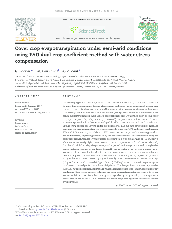 Pdf Cover Crop Evapotranspiration Under Semi Arid Conditions Using Fao Dual Crop Coefficient